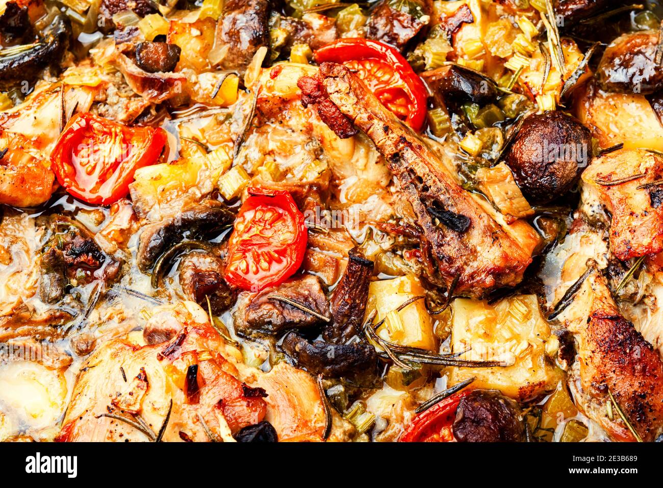 Appetizing stew or ragout with chicken meat and vegetables Stock Photo ...