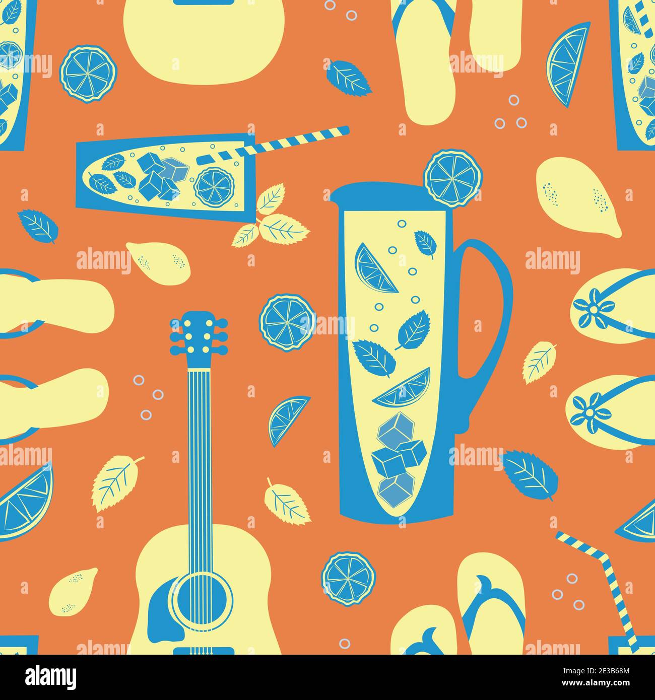 Cocktail pitcher, glass, flip flop, guitar vector seamless pattern ...