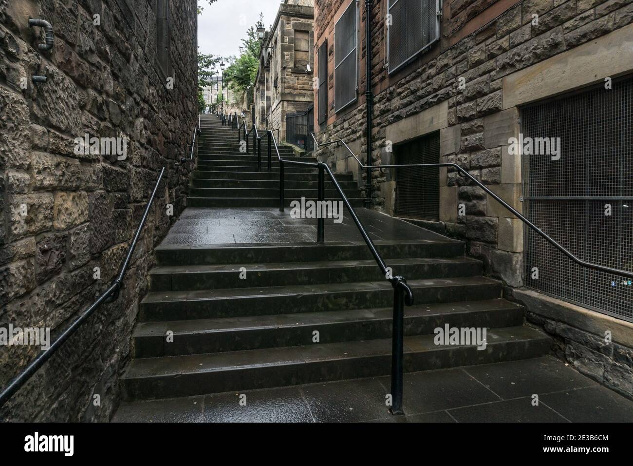 View of the Vennel, Edinburgh, Scotland, a narrow close with steps near ...
