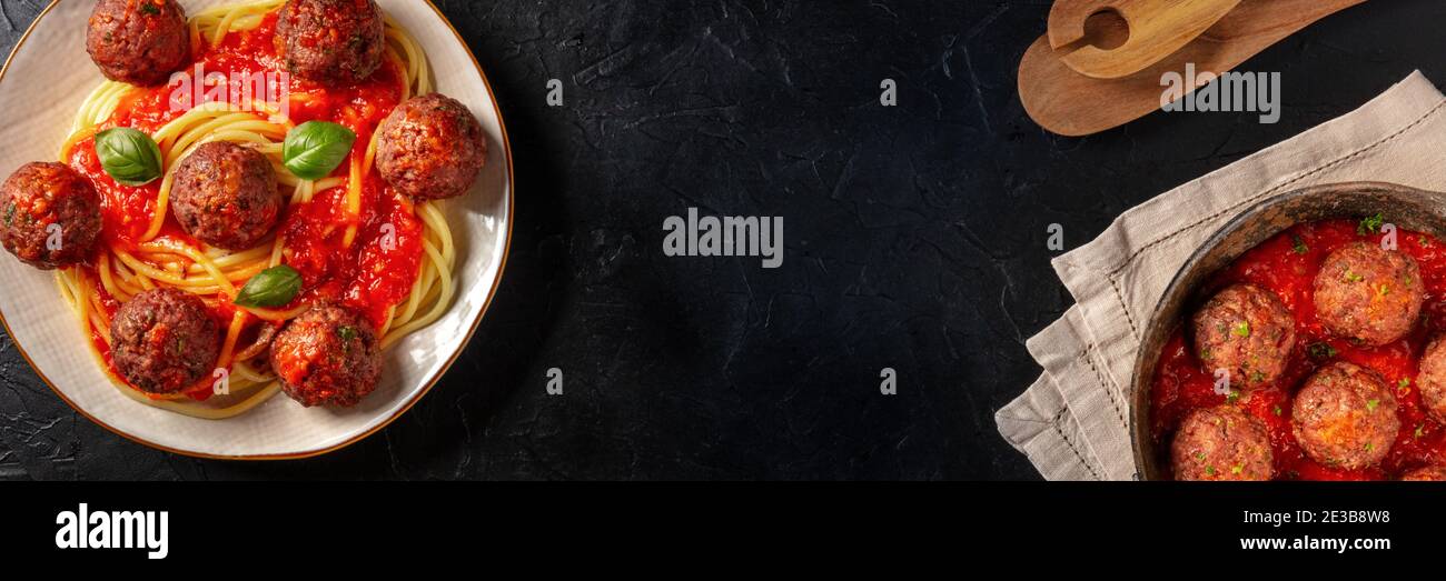 Meatballs panorama with copy space. Meatballs with pasta, top shot on a ...