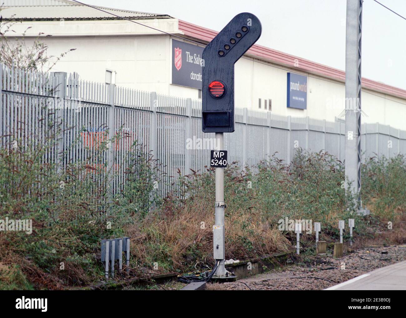 Bolton, UK - February 2020: The railway signal and track equipment on ...