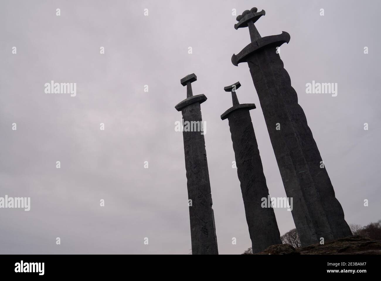 Low angle shot of the three swords of the Sverd i fjell in the ...