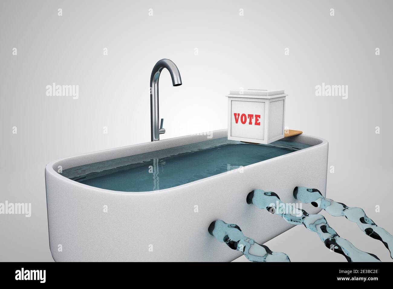 Ballot box on a bathtub holes demonstrating Election risk. 3D ...