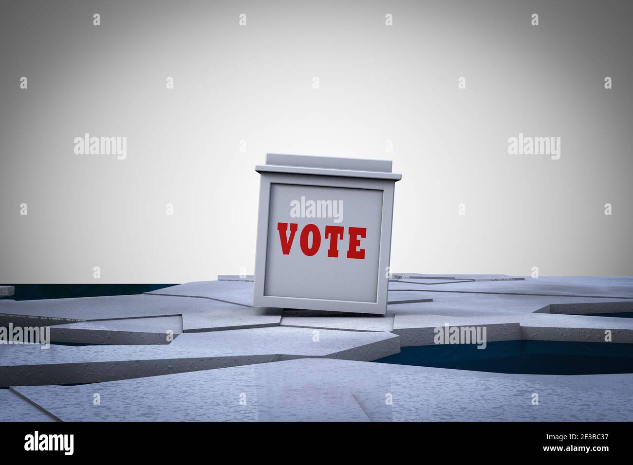 Ballot box on broken ice demonstrating Election risk. 3D illustration ...