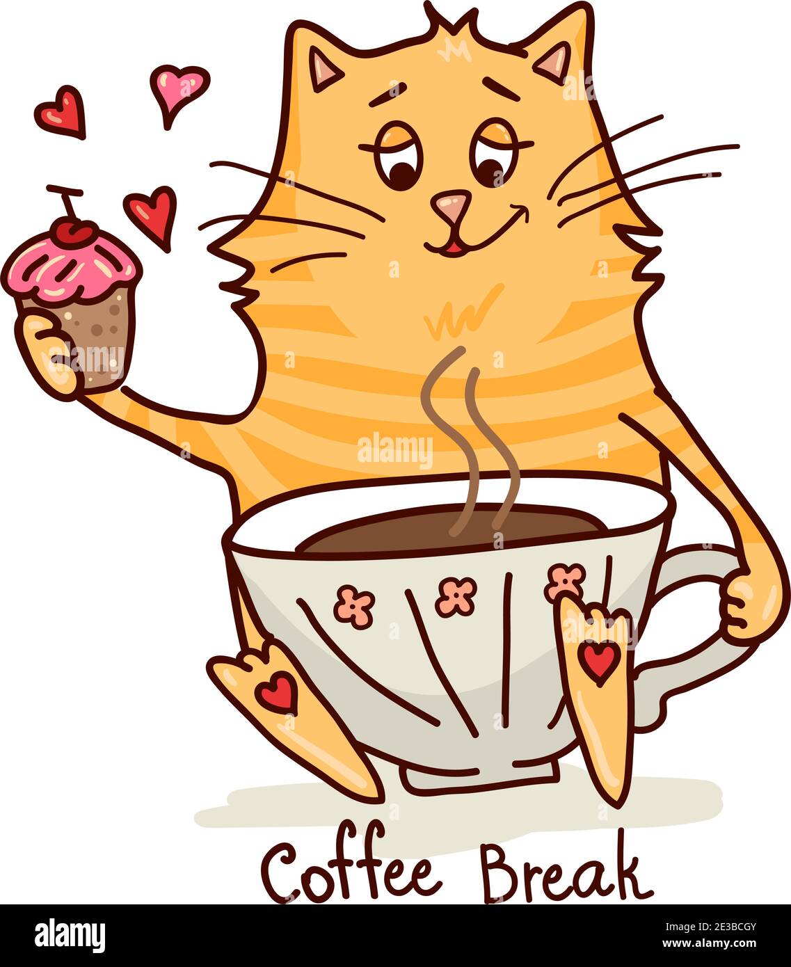 Cute cartoon hand drawn cat with cup of coffee. Adorable vector clip ...