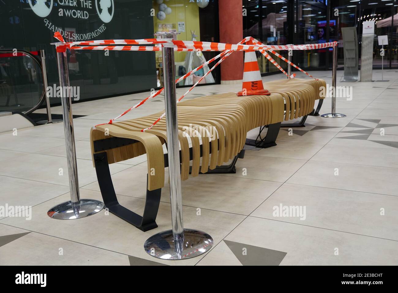 COLOGNE, GERMANY - Jan 06, 2021: Closed bench in a shopping center ...
