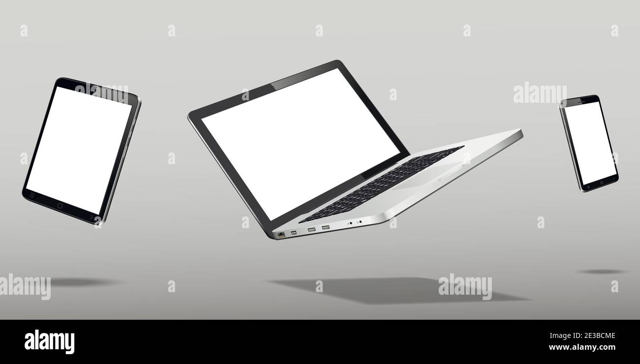 Laptop, mobile phone and tablet floating over grey background Stock ...