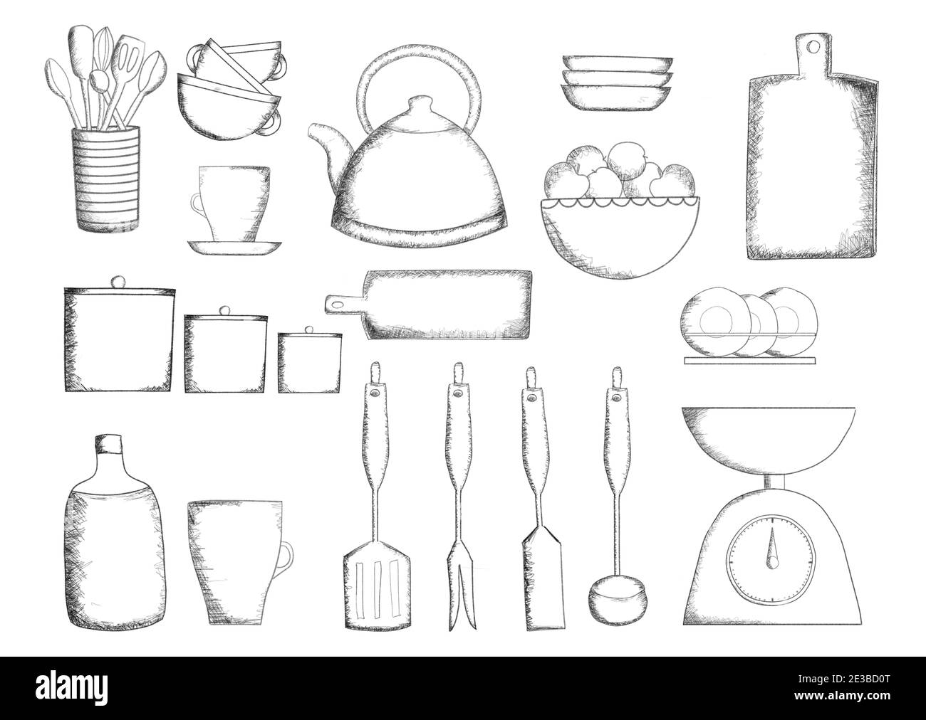 Kitchen utensil set drawn on white Stock Photo - Alamy