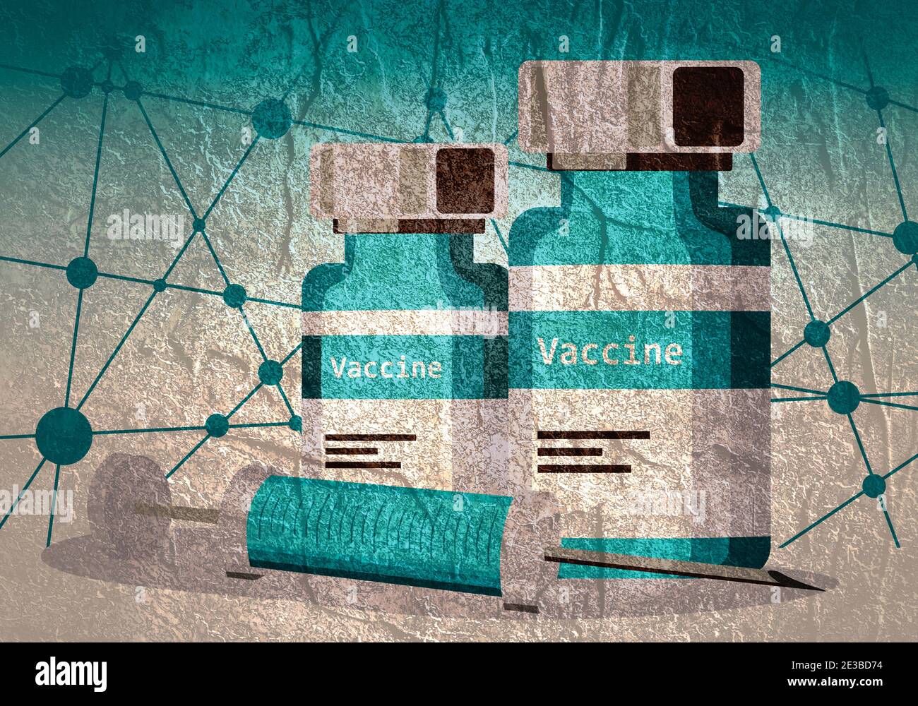 Medicine vials and syringe. Bottle label with vaccine word. Connected ...