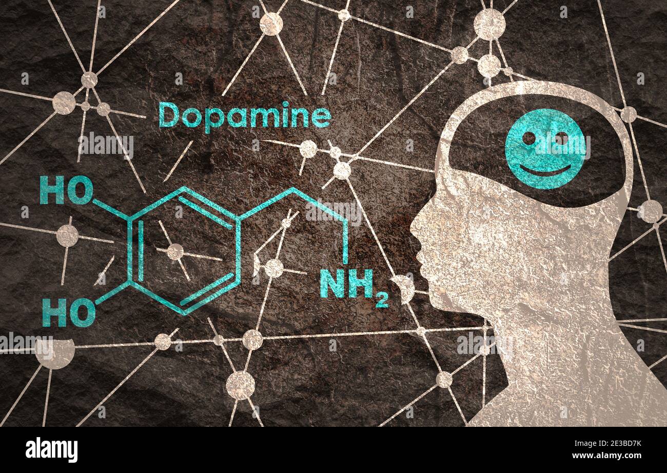 Chemical molecular formula hormone dopamine. Silhouette of a man head ...