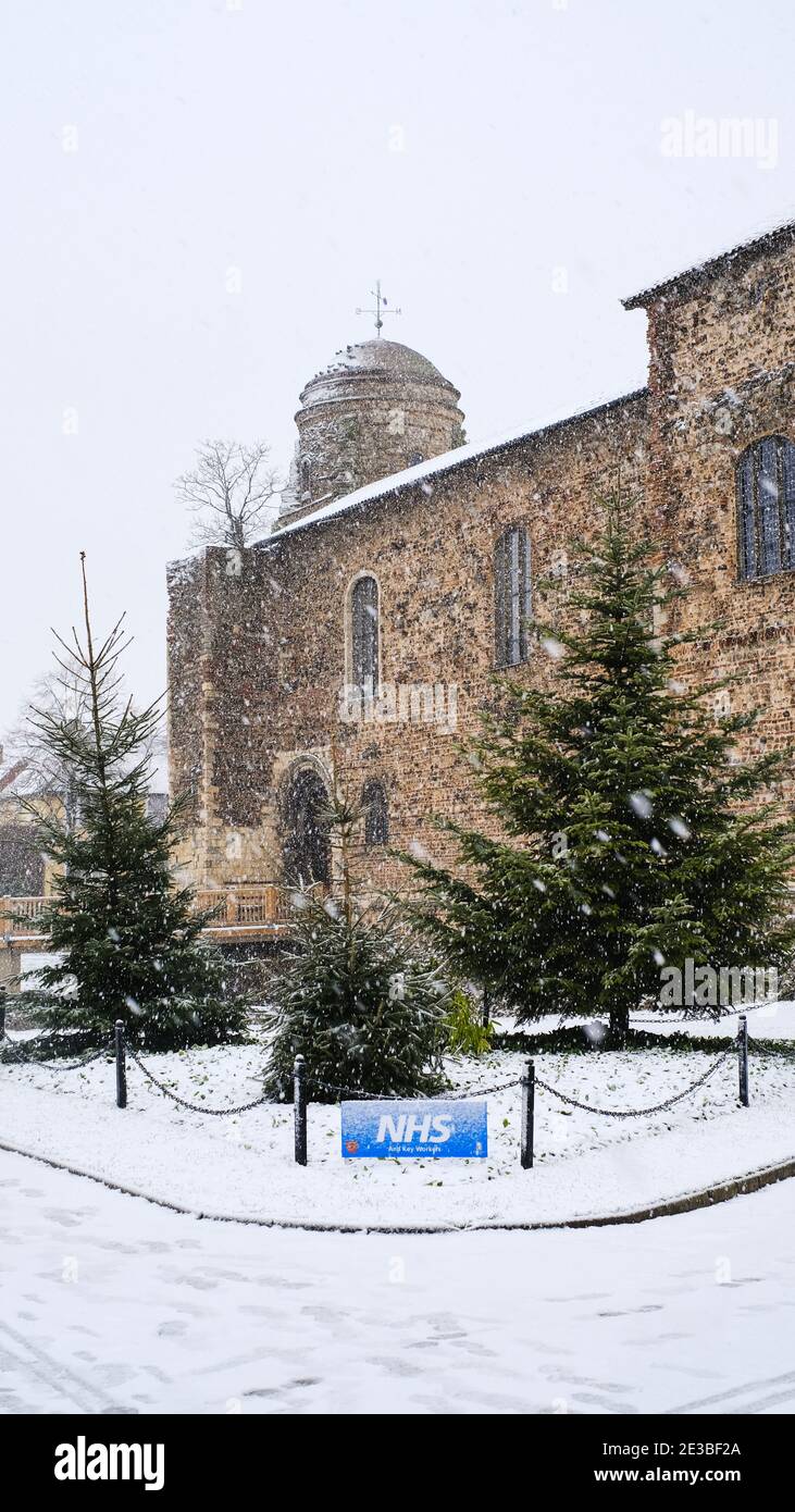 Colchester's Castle Park in the snow, with Christmas trees in front and ...