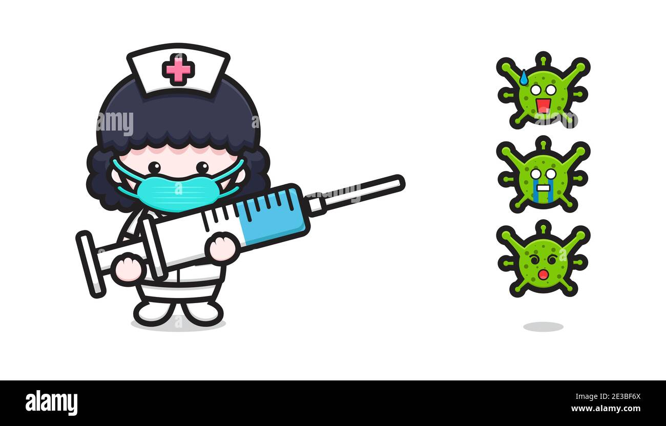 Cute nurse mascot character fight against virus cartoon vector icon ...