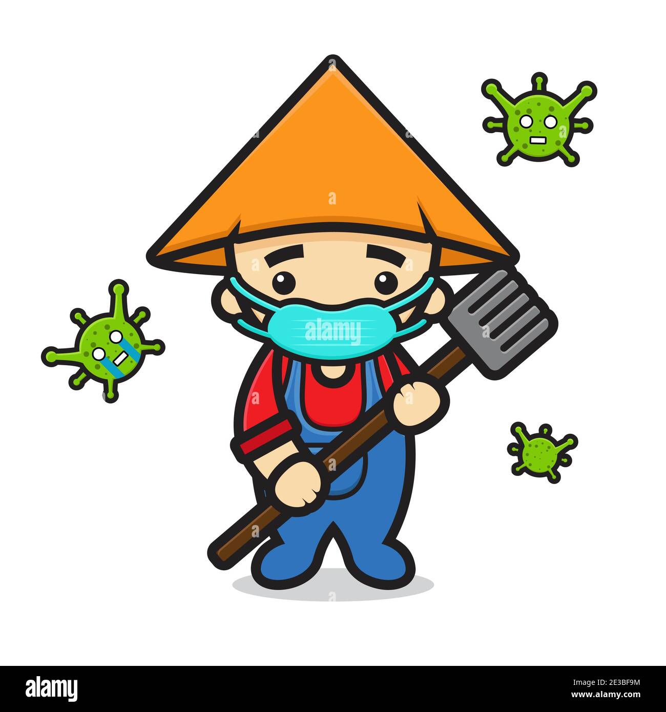 Cute farmer mascot character fight against virus cartoon vector icon ...