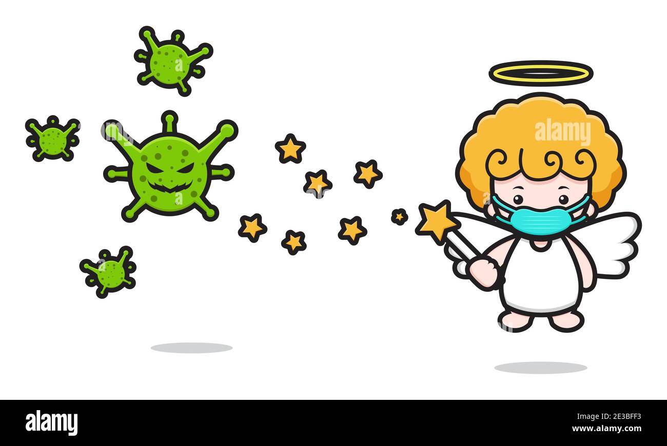 Cute angel mascot character fight against virus cartoon vector icon ...