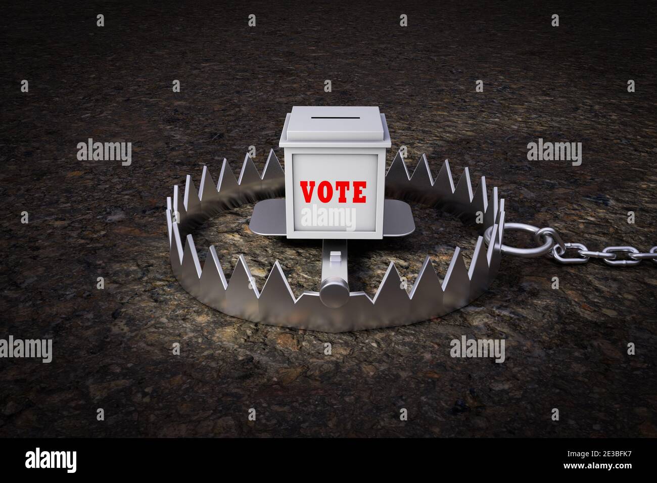 Ballot box is on a metal bear trap demonstrating Election risk. 3D ...