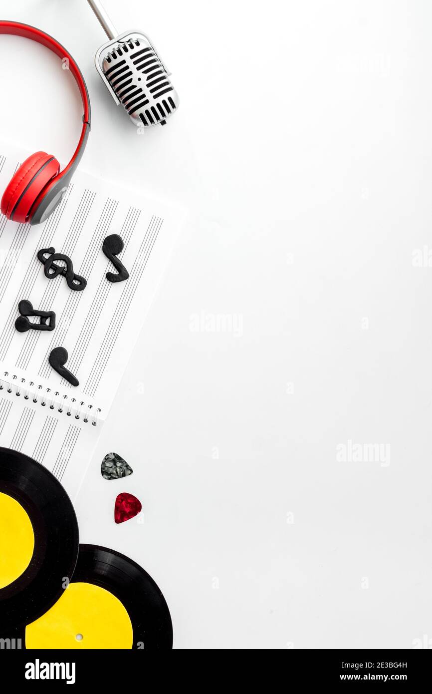 Flat lay musician concept - instrument with sheet music, top view Stock ...