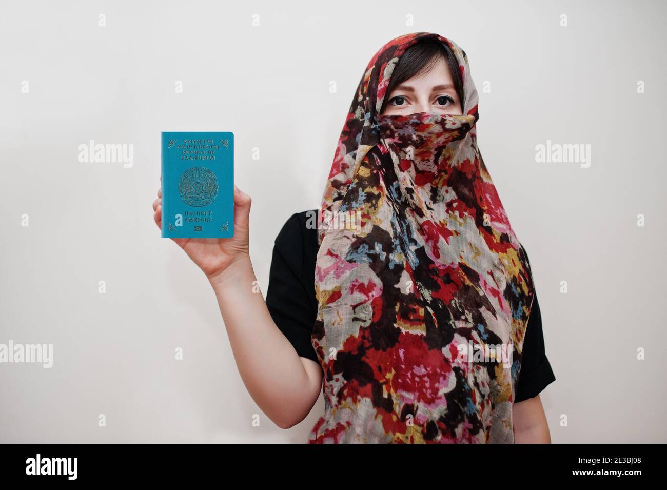 Young arabian muslim woman in hijab clothes hold Republic of Kazakhstan ...