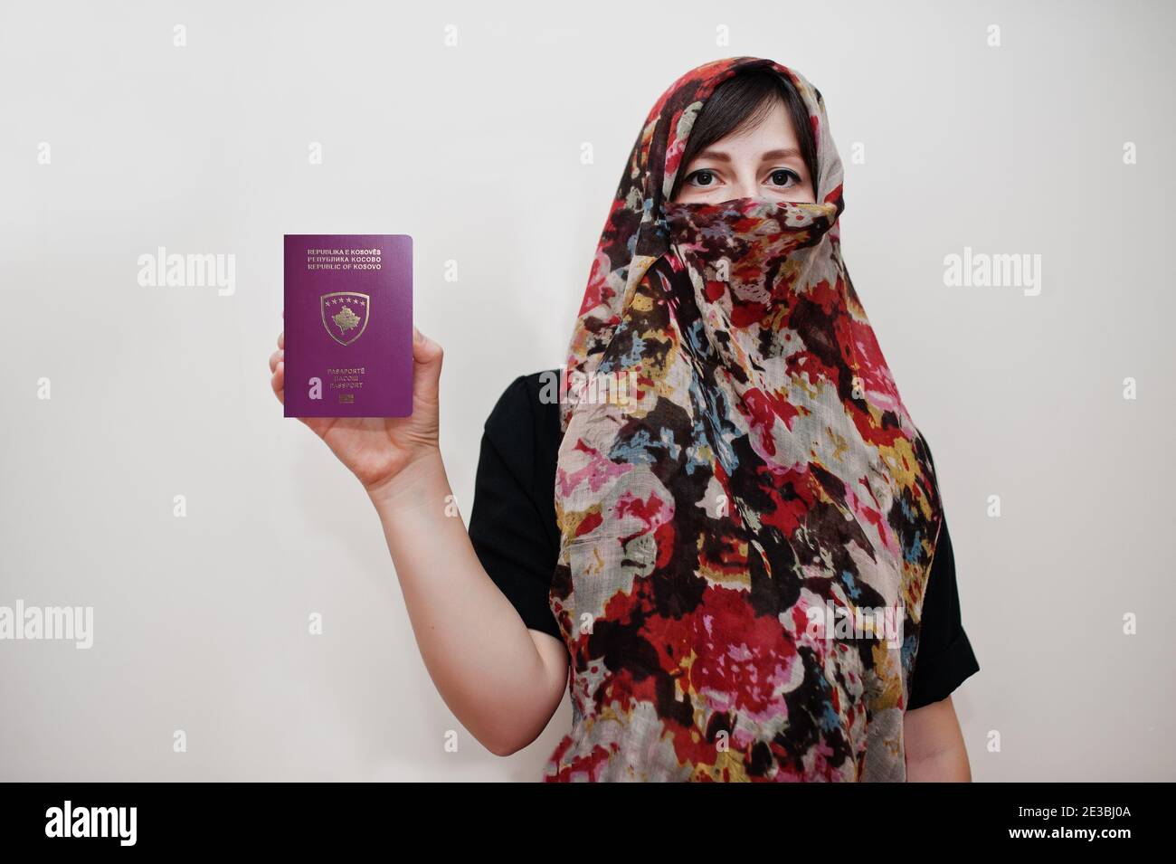 Young arabian muslim woman in hijab clothes hold Republic of Kosovo ...