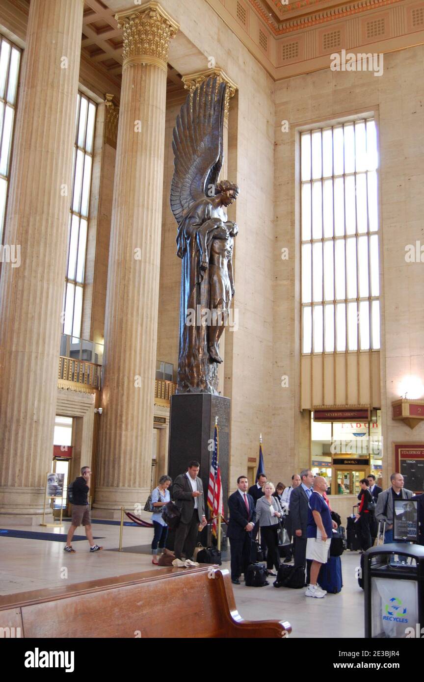 Train station Philadelphia USA winged Angel flag USA entrance people ...