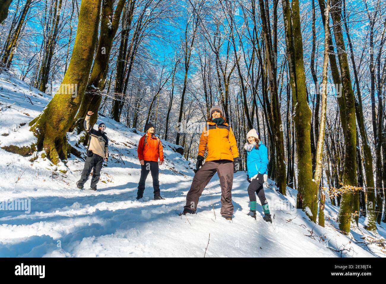 Group of hikers in a snowy forest of the Artikutza natural park in ...