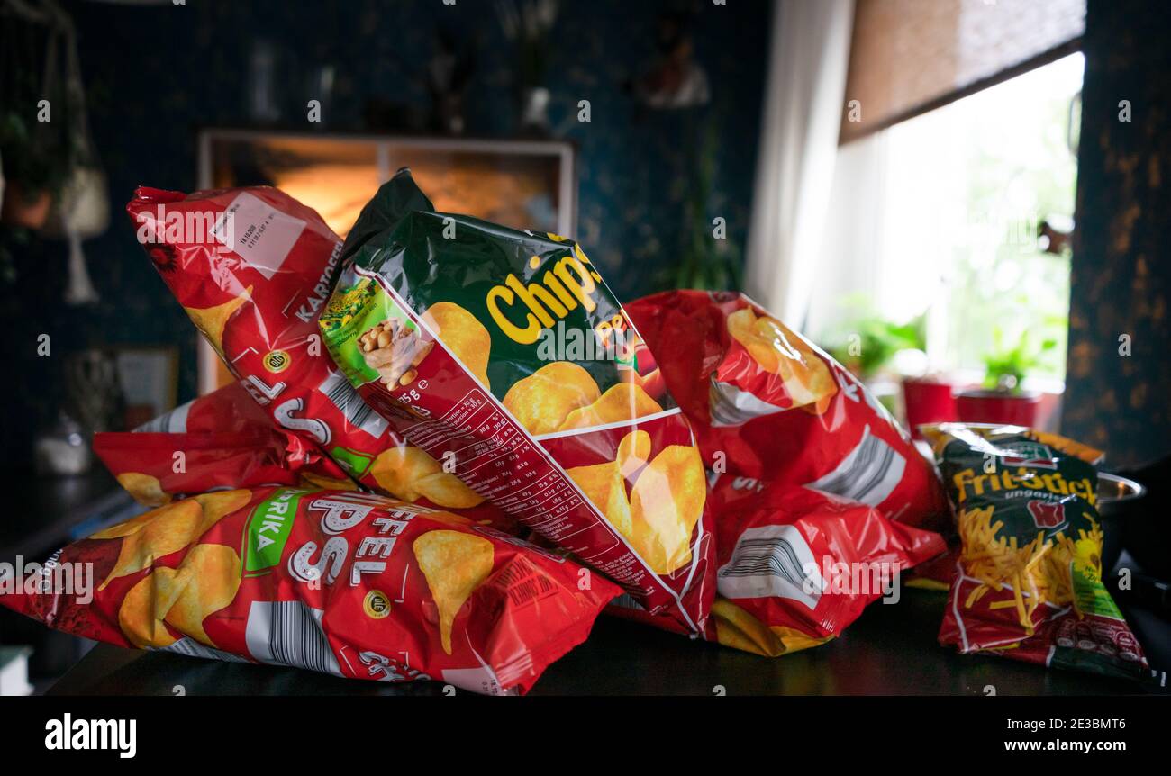 BERLIN, GERMANY - Sep 18, 2020: A stack of chips packs with a nice ...