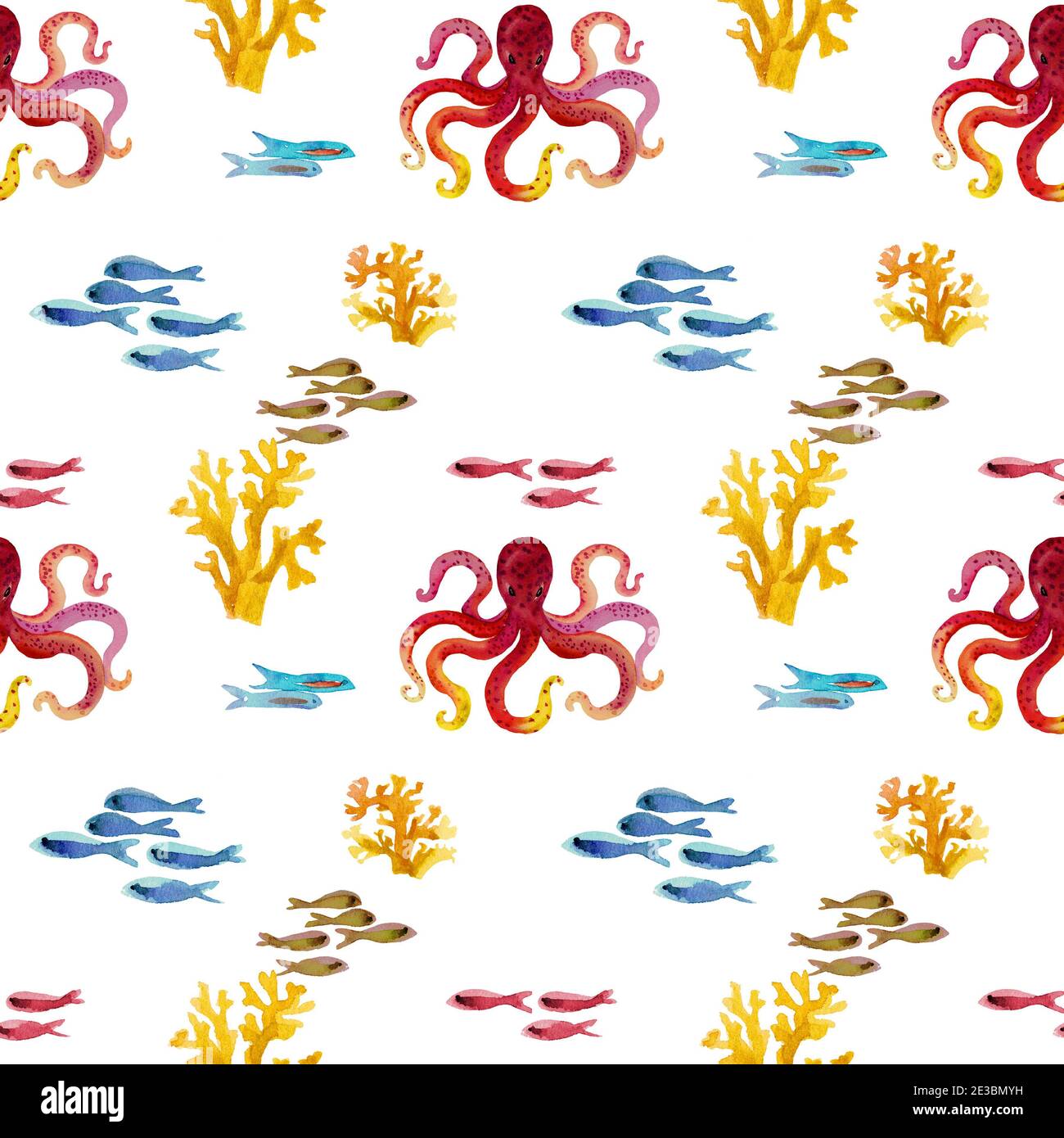 Watercolor handdrawn seamless pattern with red octopus and corals. Red ...