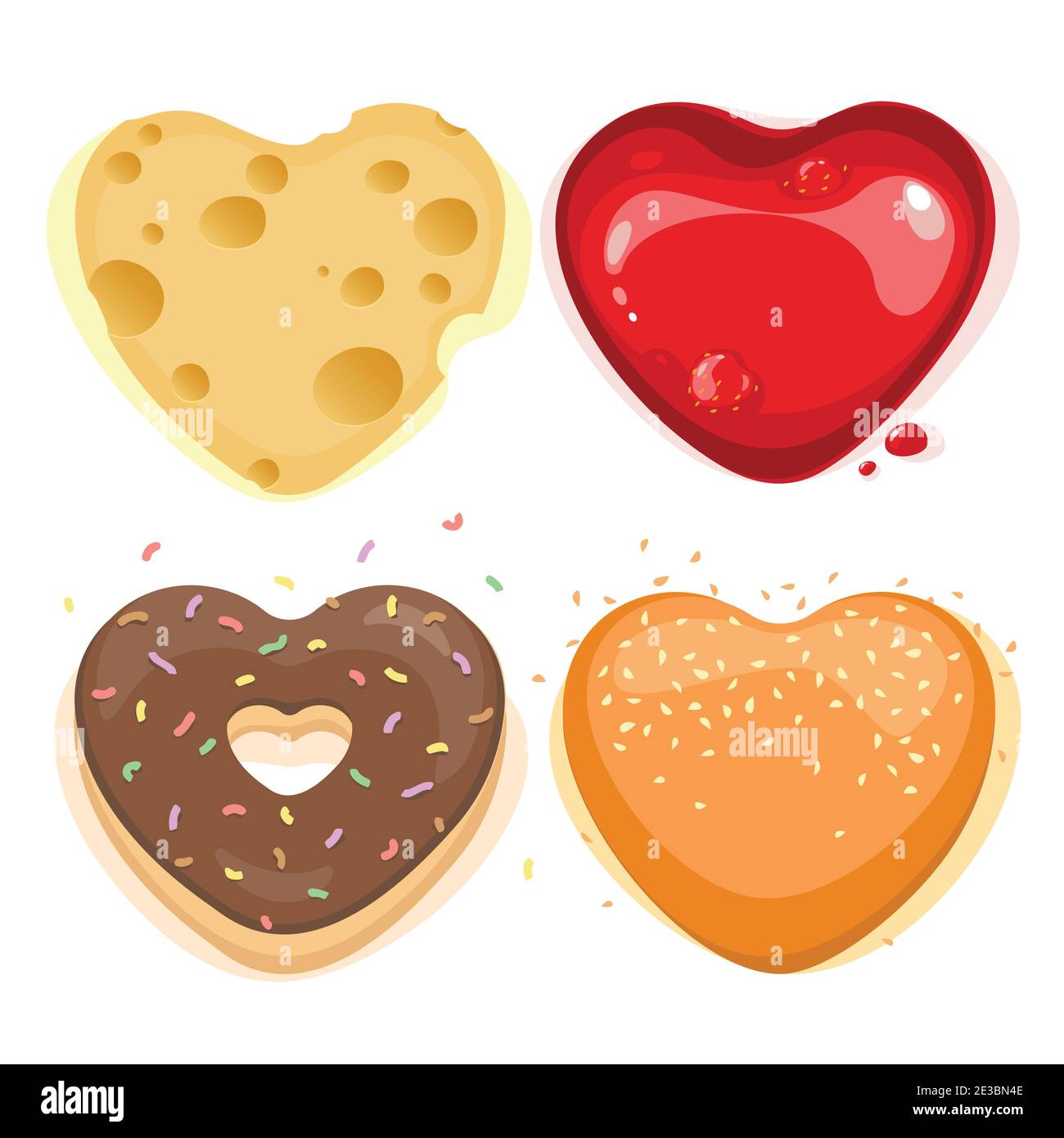 Vector set of heart shaped buns, heart shaped jam with a drop, donut in ...