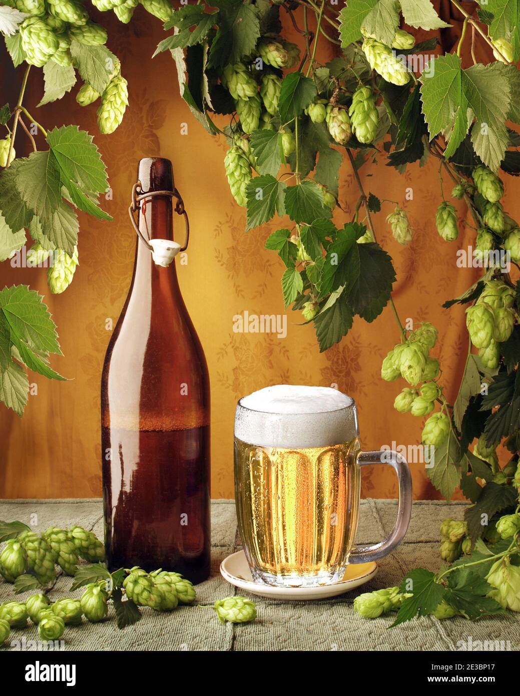 Still life with beer and hop-plant in vintage style Stock Photo - Alamy