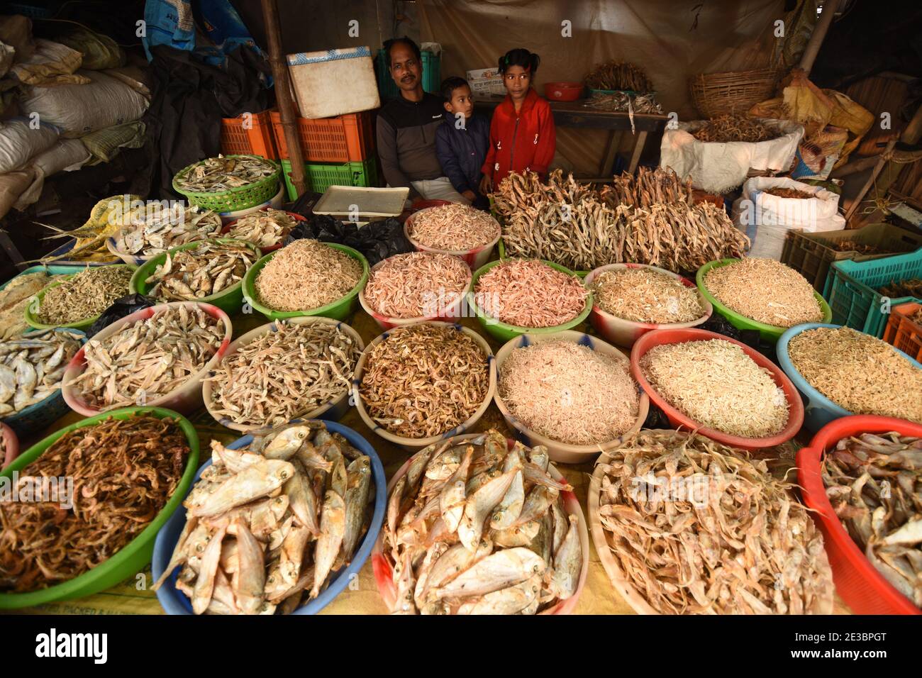 Various sun-dried fishes at a stall of Digha Mohana fish market at East ...