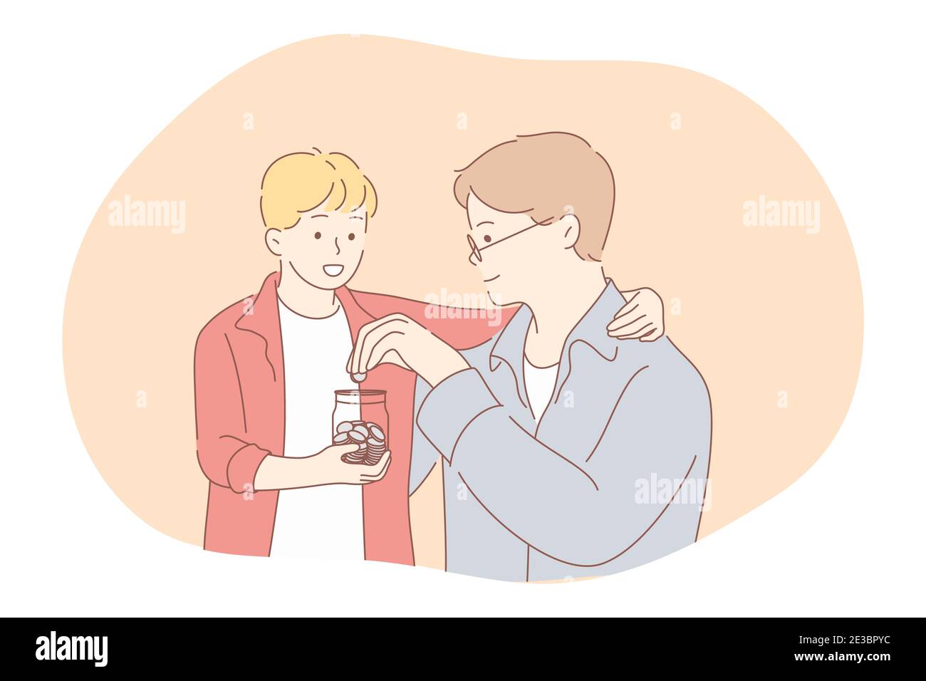 Saving money, piggybank, budget concept. Young positive boys friends ...