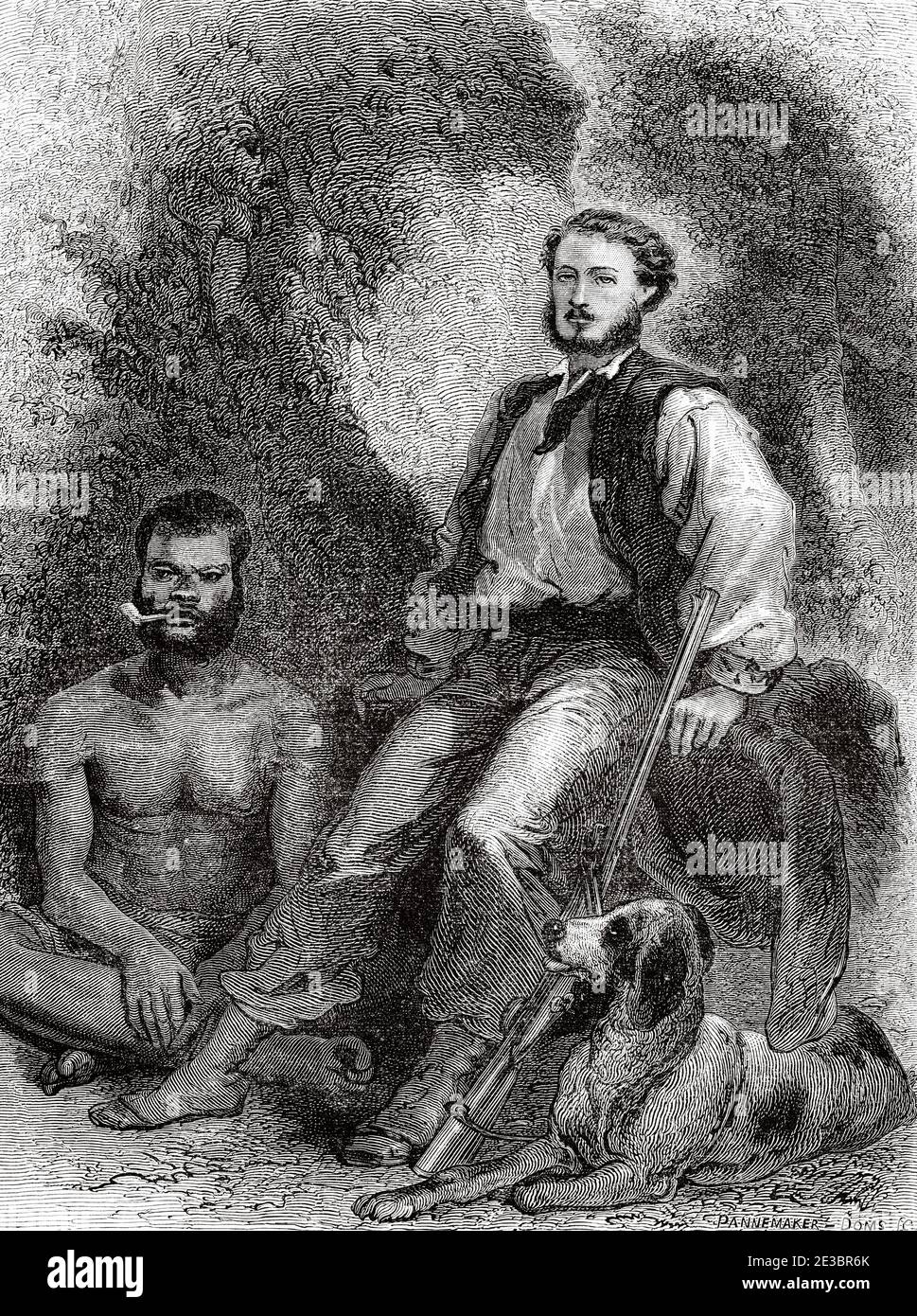 Portrait of Jules Garnier, his local guide and his dog Suluc, New Caledonia. Old engraving ...