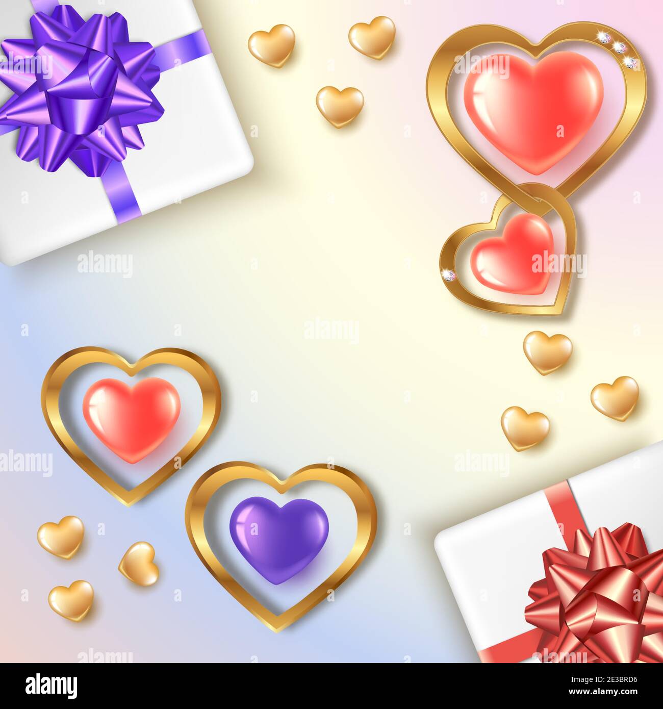 Heart shaped banner with red and gold balloons. Gift boxes with bows ...