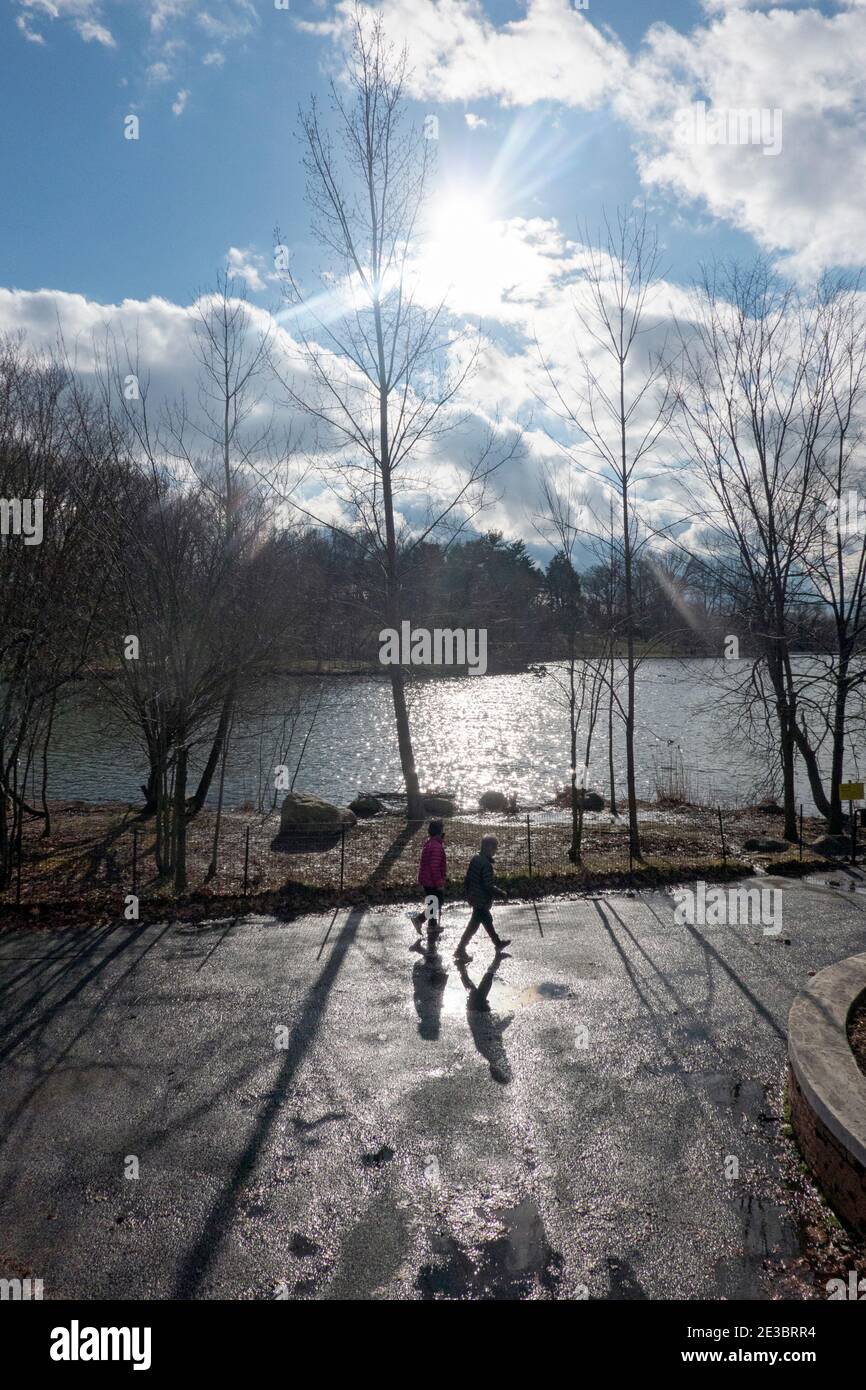 Walkers at he lake area in Kissena Park in the winter after a rain ...