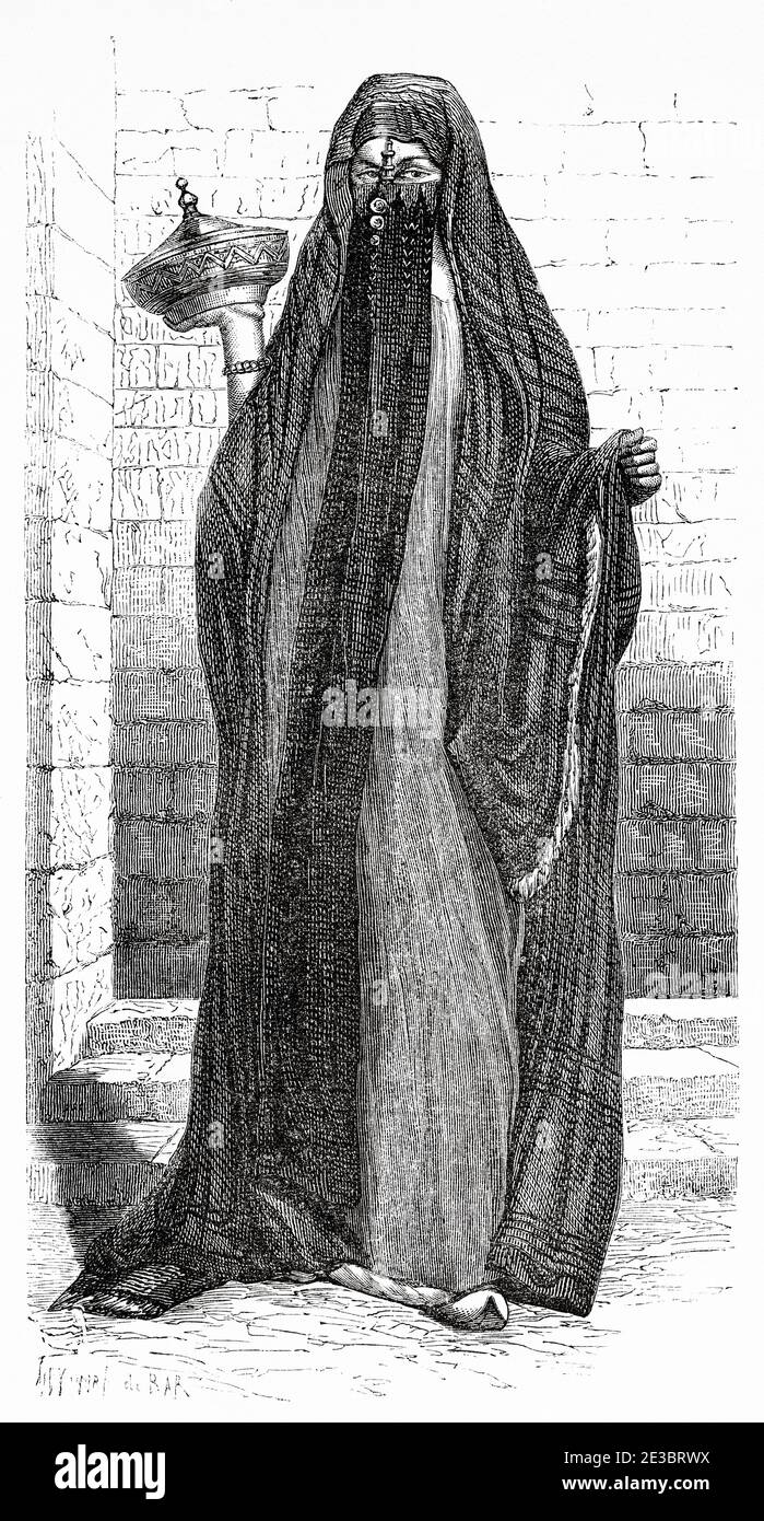 Fellah woman in traditional clothing, Egypt, Africa. Old 19th century ...