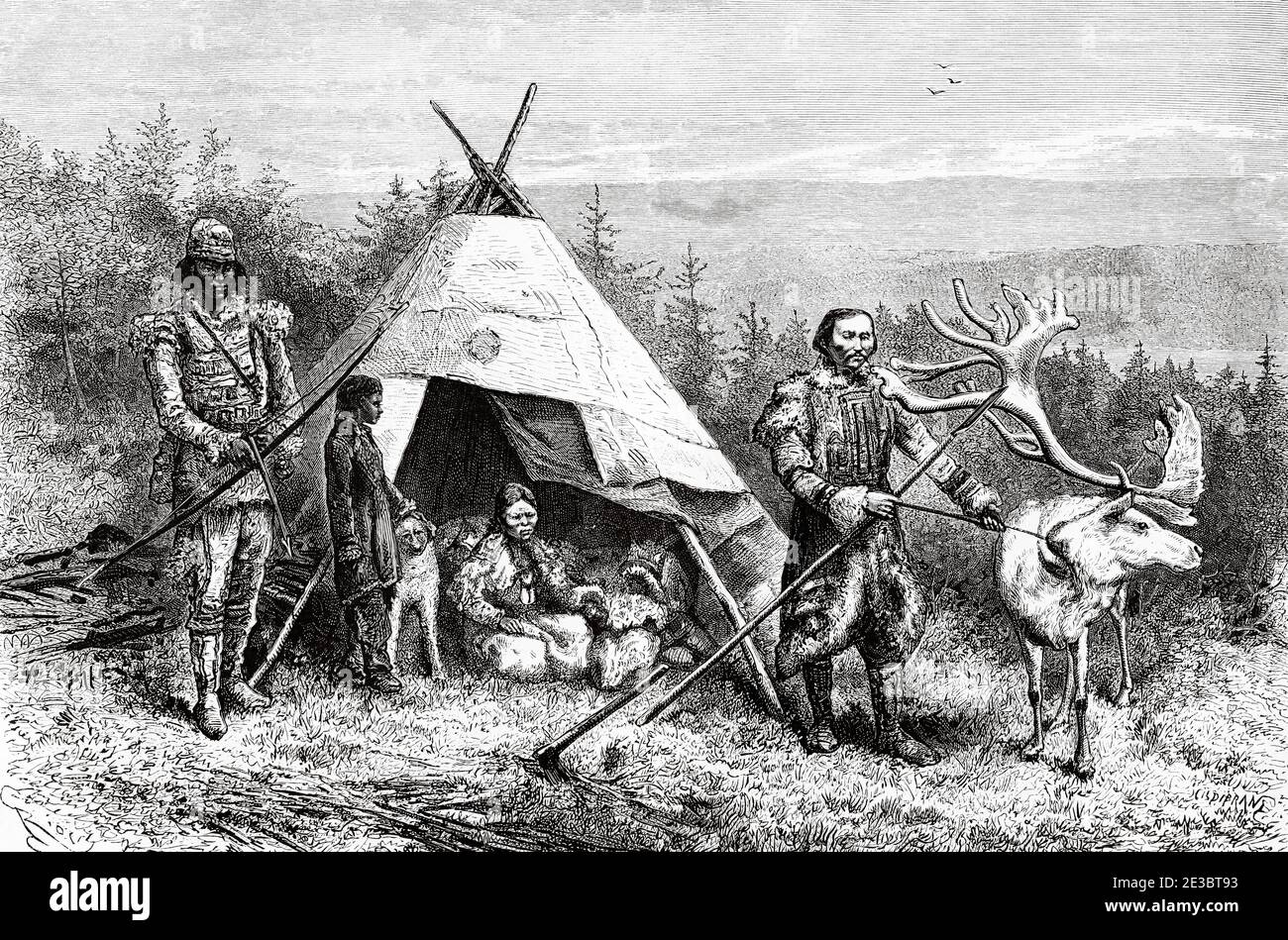 Tungusic native people encampment, Yenisei river. Arctic Ocean, Russia ...