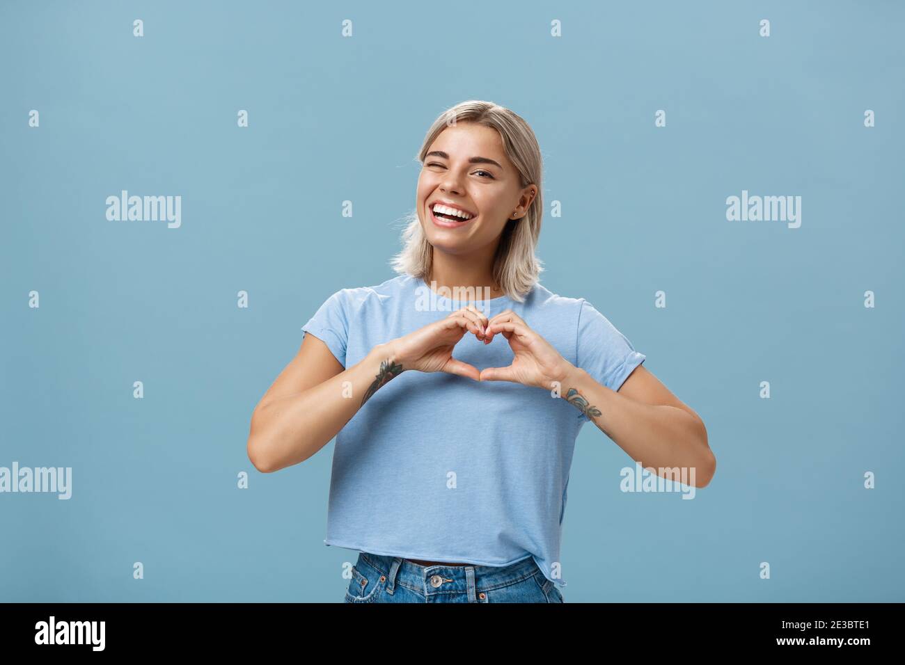 Love relationship and emotions concept. Joyful charming feminine girl ...