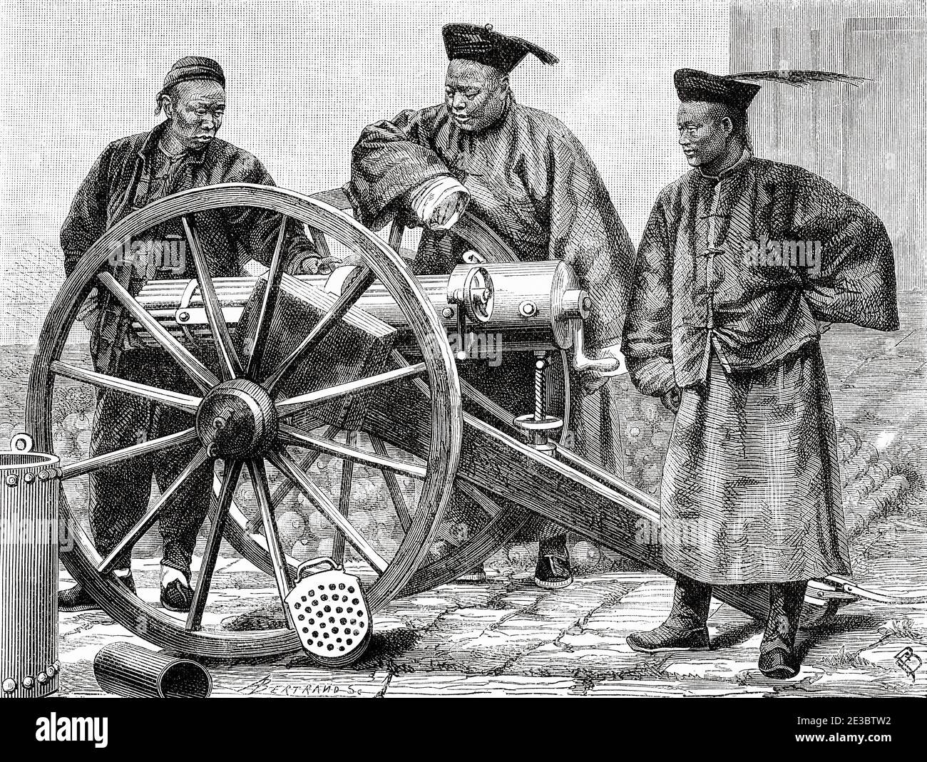 Chinese gunners observing a new machine gun, China. Old 19th century ...