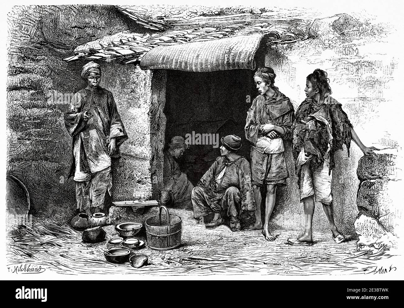 Beggars, Beijing, China. Old 19th century engraved illustration, Trip ...