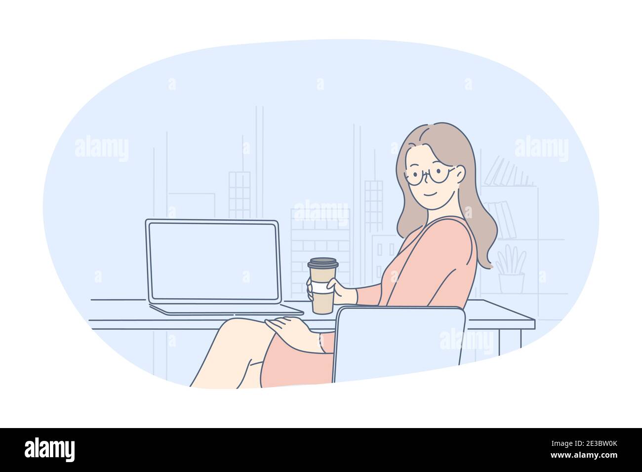 Working in office, modern company interior, online communication ...