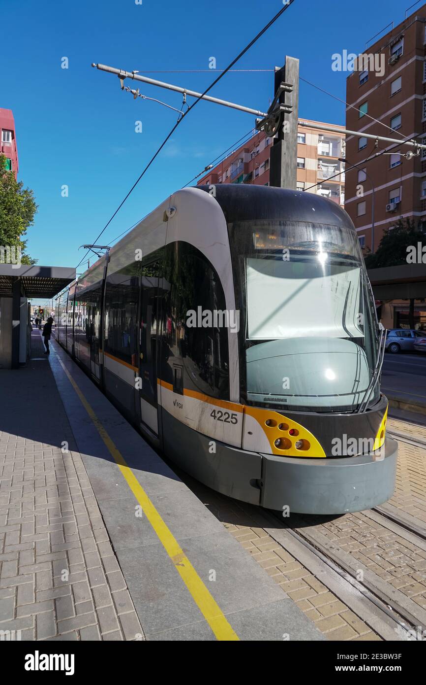 Valencia , Spain-06 07 2020: Tram pulling away in city of Valencia ...