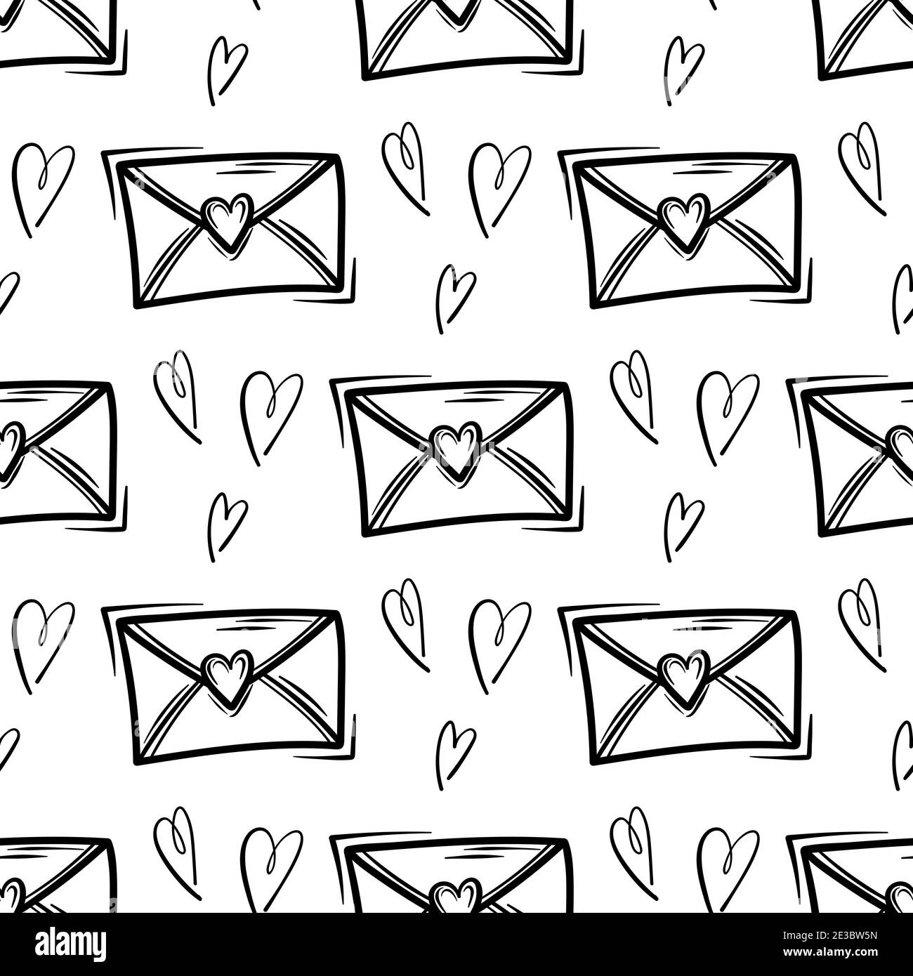 Valentines Day theme doodle Seamless pattern of hand drawn mail letter ...