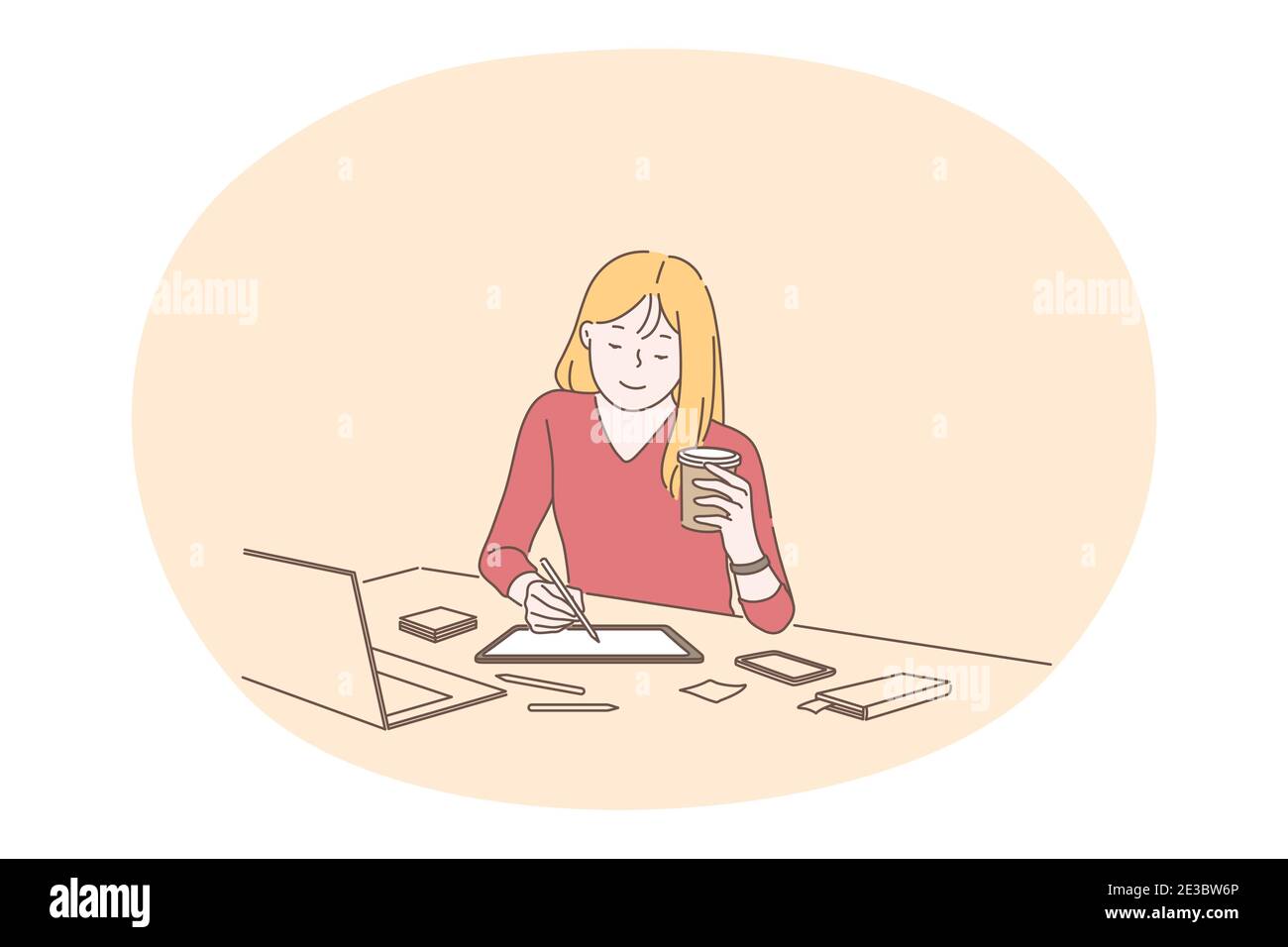 Working in office, modern company worker, online communication concept ...