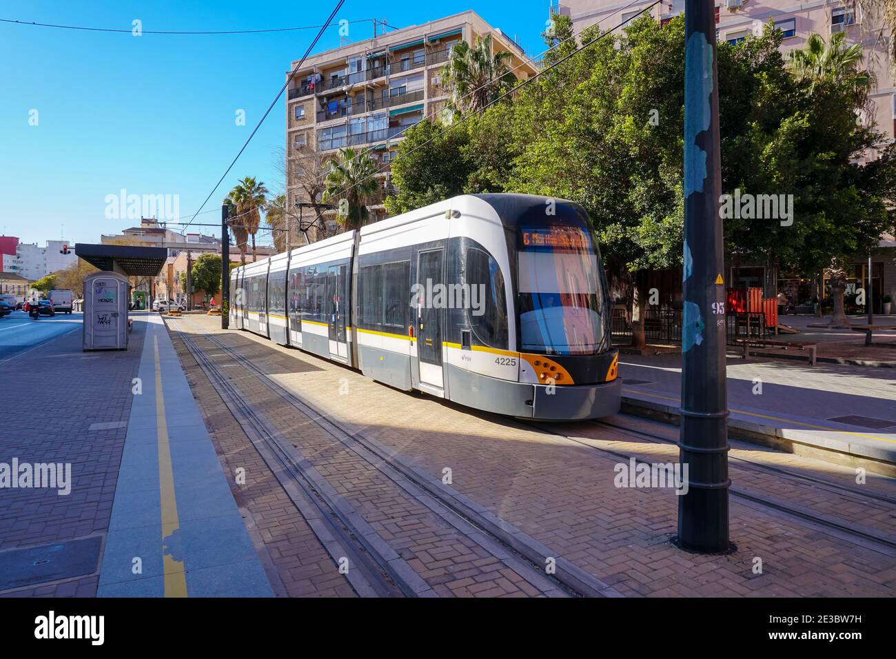 Valencia , Spain-06 07 2020: Tram pulling away in city of Valencia ...