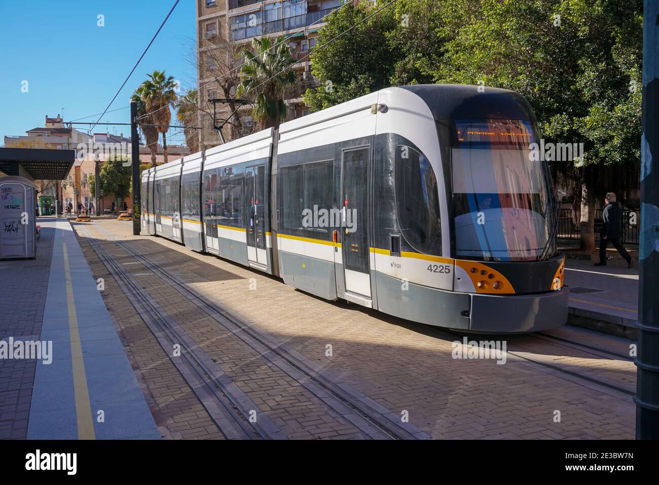 Valencia , Spain-06 07 2020: Tram pulling away in city of Valencia ...