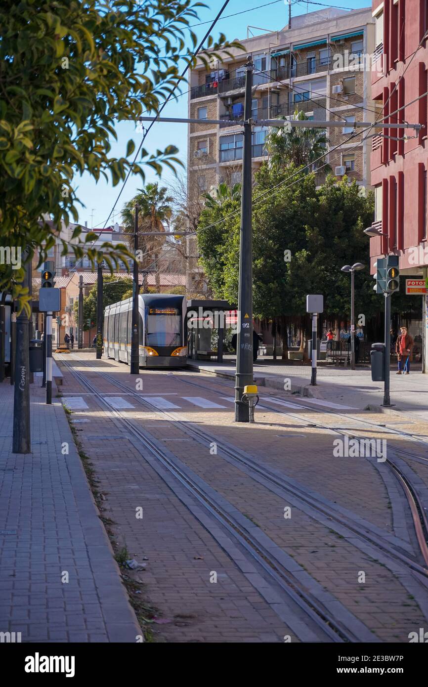 Valencia , Spain-06 07 2020: Tram pulling away in city of Valencia ...