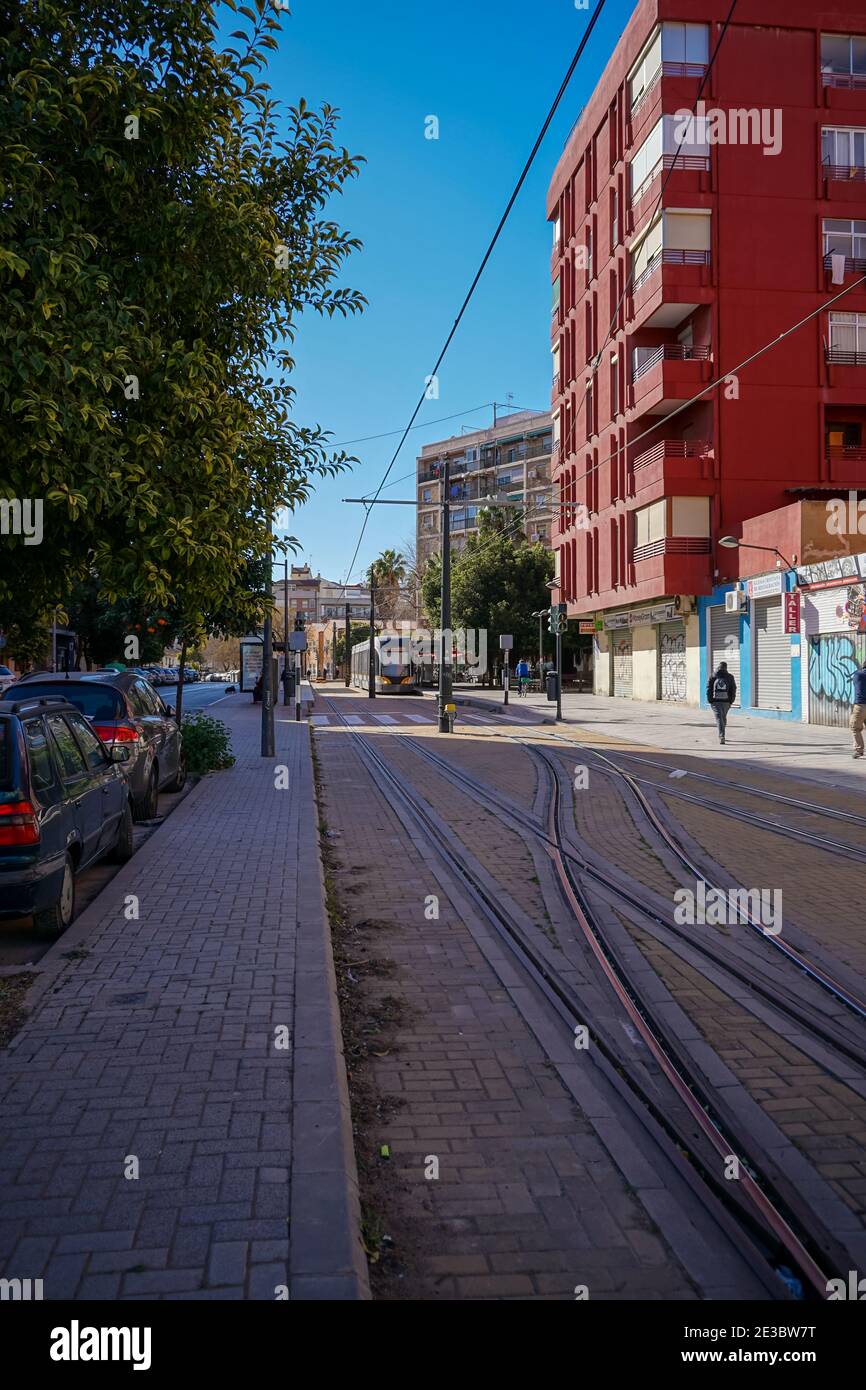 Valencia , Spain-06 07 2020: Tram pulling away in city of Valencia ...