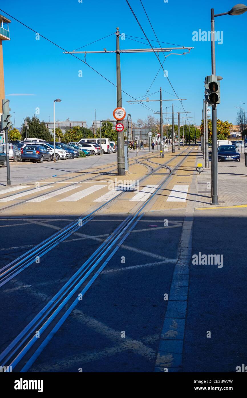 Valencia , Spain-06 07 2020: Tram pulling away in city of Valencia ...