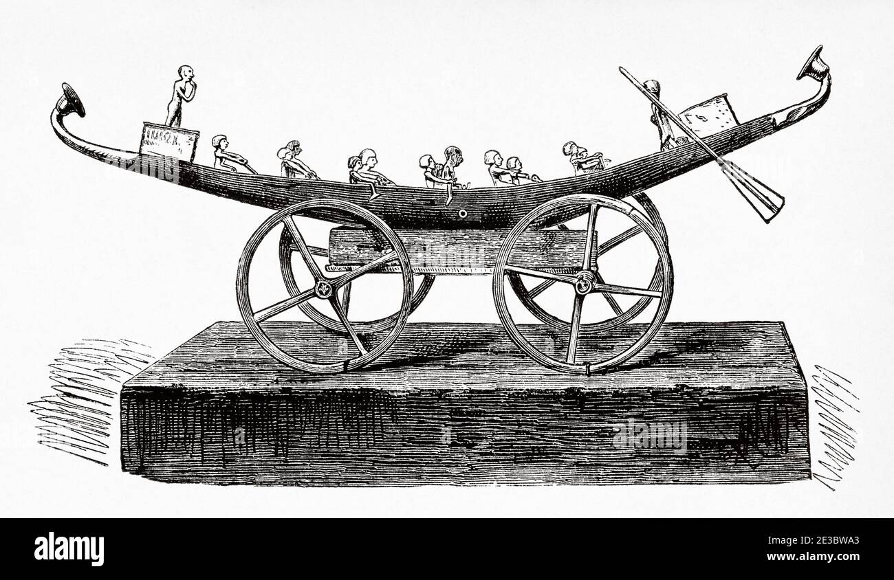 Golden boat with silver oars, Ancient Egypt. Old 19th century engraved ...