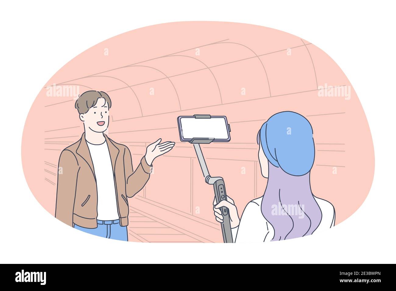 Professions, blogging, vlogging concept. Young man journalist reporter ...