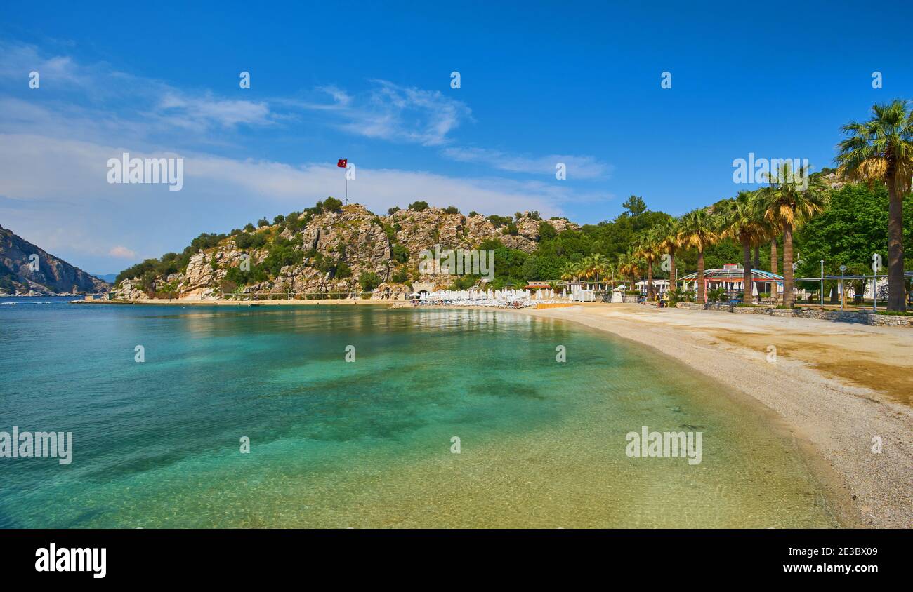 Kumlubuk sandy bay beach near Turunc in Marmaris, Turkey Stock Photo ...